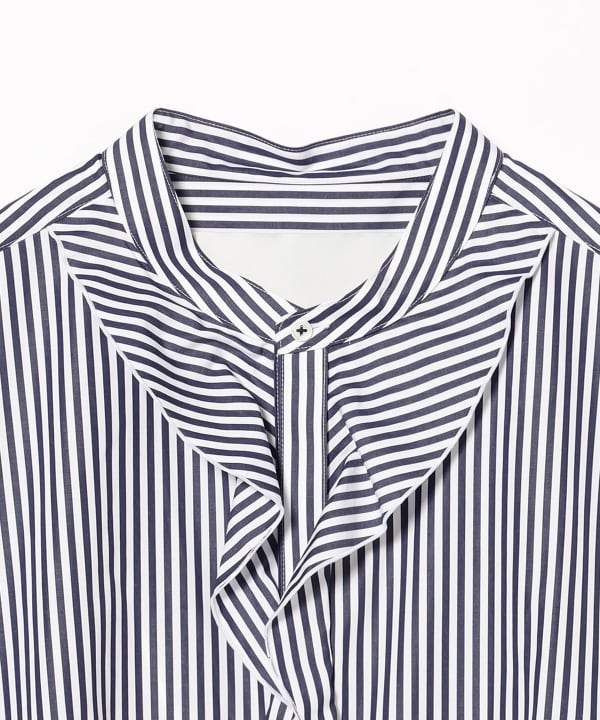 Demi-Luxe BEAMS Demi-Luxe BEAMS TICCA Striped No-collar Frill Shirt (Shirts, Blouses, Blouses ...